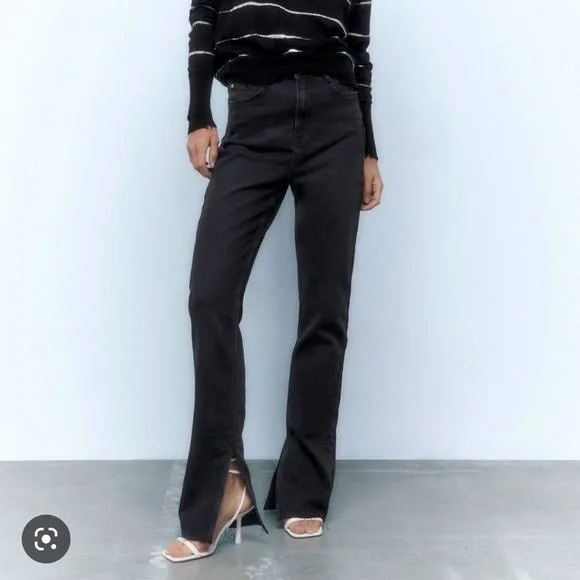 Zara | Jeans | Zara High Waist Black Flare Jeans W Inside Side Slits Eu38 | Poshmark
